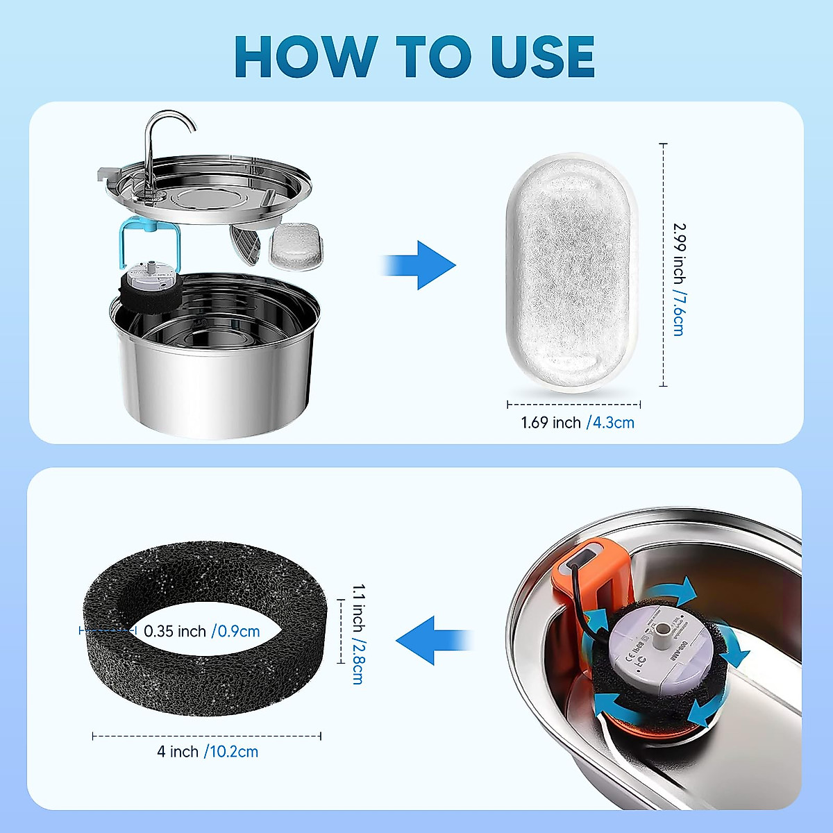 subteenmate Cat Water Fountain Filters 8 Packs Filters & 8 Sponges Foam Filters for Stainless Steel 108oz/3.2L & 67oz/2L