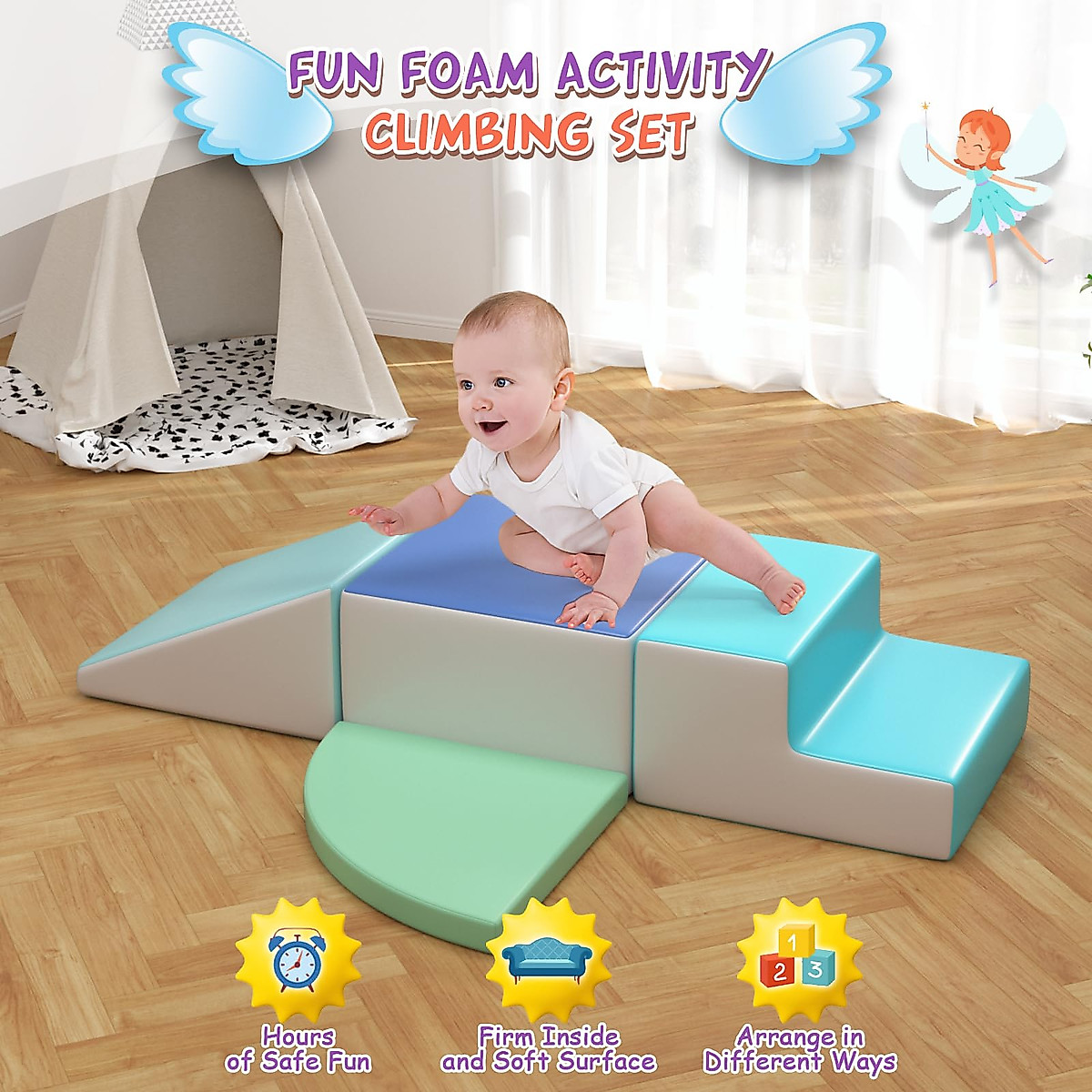 DUSACOM Foam Climbing Blocks for Toddlers, 4 Pieces Climbing Blocks for Toddlers 1-3, Soft Play Climbing for Toddlers, Baby Climbing Blocks Indoor(Blue/Green-4)