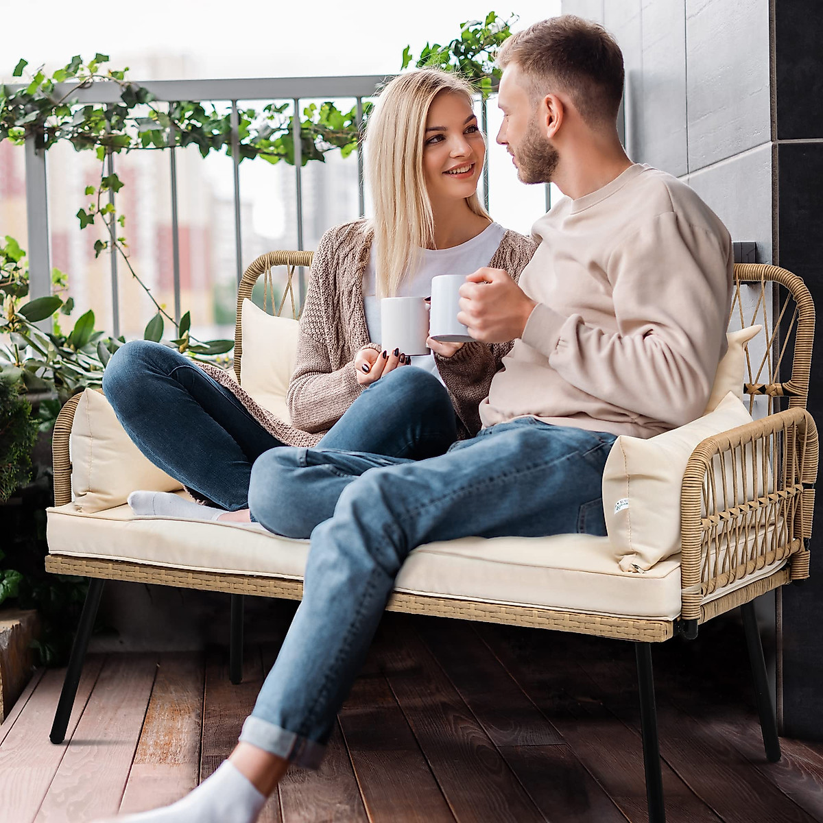 YITAHOME 2-Piece Patio Furniture Wicker Outdoor Loveseat, All-Weather Rattan Conversation for Backyard, Balcony and Deck with Soft Cushions and SideTable (Light Brown+Beige)