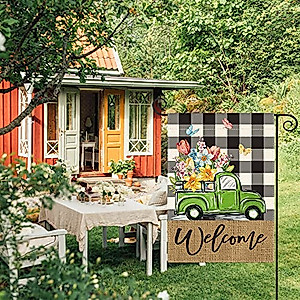 AVOIN colorlife Welcome Spring Floral Garden Flag 12x18 Inch Double Sided Outside, Buffalo Plaid Truck Flower Seasonal Yard Outdoor Flag