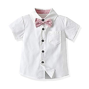 HIMEAN Baby Boys Gentleman Outfits Clothes, Toddler Summer Short Sleeve Bowtie Shirt+Suspender Shorts Set(Pink, 80/12-18 Months)