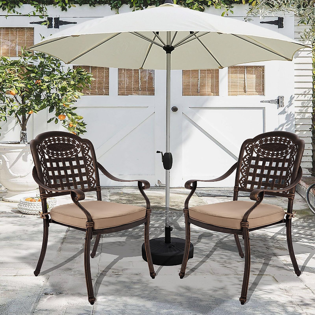 MAGIC UNION 2 Pieces Patio Dining Chairs, Outdoor Cast Aluminum Chairs with Armrest, Patio Bistro Chair Set of 2 for Garden, Backyard, Deck (2pcs A- Grid Chair with Khaki Cushion)