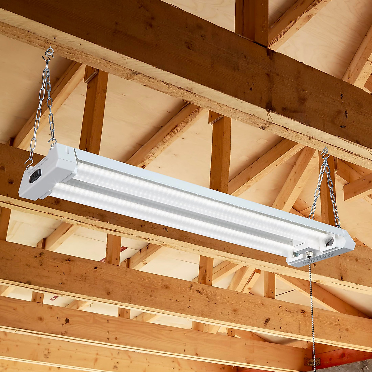 Maxxima 4 ft. Utility LED Shop Light Fixture, 40W, Linkable, Clear Lens 5000K Daylight 4800 Lumens Plug in Pull Chain LED Garage Light Energy Star