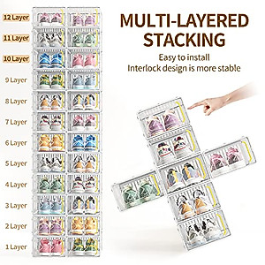 Gardace 12 Pack Shoe Storage Boxes，Clear Plastic Stackable Shoe Organizer for Closet，Foldable Shoe Rack Sneaker Container Bins Holders，with Yellow Door Handle