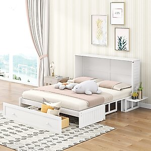 SmartEdge Queen Size Mobile Murphy Bed with Drawer, Little Shelves on Each Side, Wood Queen Size Bed Frame, Space-Saving Folding Bed, No Box Spring Needed, White