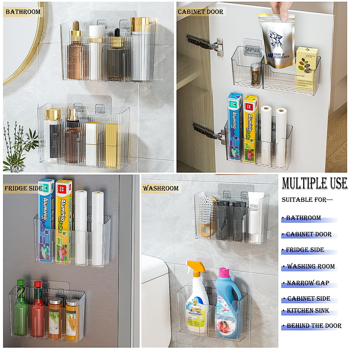 Lae Nuvole 2 Pack Adhesive Mount Cabinet Door Organizer, Wall Mounted Bathroom Organizers and Storage Bins Plastic Stackable Shower Caddy Hanging Floating Shelves for Narrow Space, BPA Free (Clear)