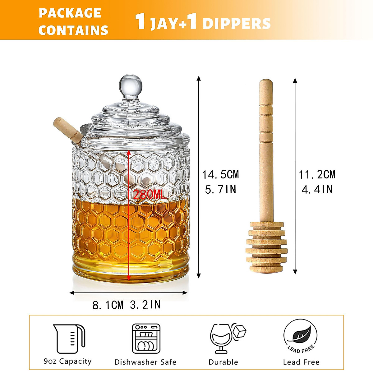 kanpura Clear Crystal Honey Pot with Dipper and Lid,Glass Honey Jar with Dispenser, Glass Honey and Syrup Container for Home Kitchen