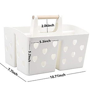 Anyoifax Portable Shower Caddy Plastic Basket with Wood Handle Divided Shower Tote Storage Organizer with Compartments for Bathroom, College Dorm, Kitchen, Bedroom - White