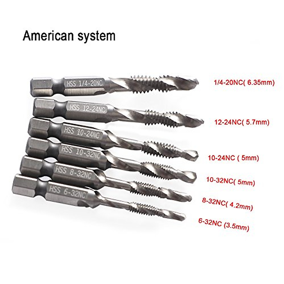 6Pcs Hex Shank HSS 4341 Combination Drill and Tap Bit Set Drill Bit & Screw Tap Deburr Countersink Bit 6-32NC 8-32 NC 10-32 NC 10-24 NC 12-24 NC 1/4-20 NC, Set of 6 (Silver HSS 4341)