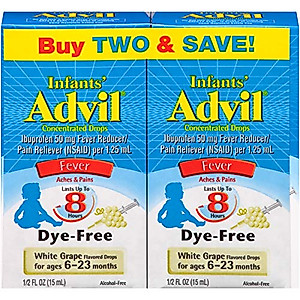 Advil Infants' Fever Reducer/Pain Reliever Dye-Free, 50mg Ibuprofen Concentrated Drops (White Grape Flavor, 0.5 fl. oz. Bottle, Pack of 2)