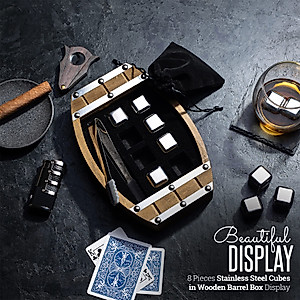 Whiskey Stone Gift Set - 8 Pieces Stainless Steel Cubes in Wooden Barrel Box Display Includes Reusable Stones, Felt Bag & Tongs - Keep Drinks Cold for Scotch, Beer, Wine, Cocktails for Women & Men