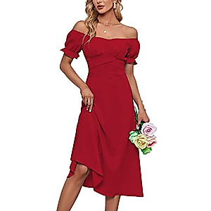 LYANER Women's Off Shoulder Wrap Ruffle Puff Short Sleeve Ruched Tie Back Dress Red Small