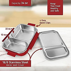 Signoraware Stainless Steel Bento Box Adult Lunch Box For Men, Women, Kids Bento Lunch Box Leak Proof Between 2 Compartments Meal Prep Containers Lunch Containers For Adults And Kids School Red