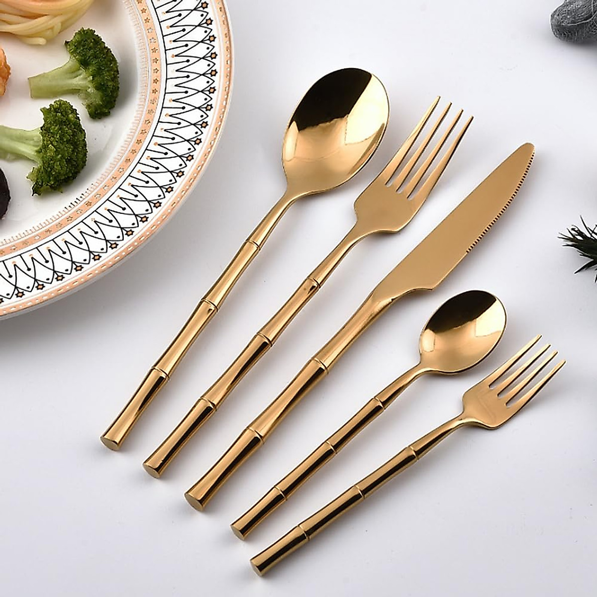 60 Piece Bamboo Shaped Flatware Set Service for 12, 18/10 Stainless Steel Rose Gold Bamboo Handle Silverware Cutlery Set For Home Kitchen Hotel Utensils, Mirror Polished, Dishwasher Safe