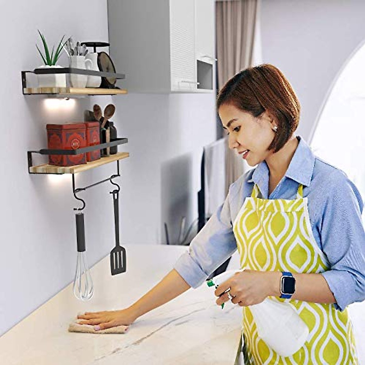 EAVA Floating Shelves, Lighted Wall Mounted Shelves,Paulownia Wood Wall Storage Shelves for Bathroom, Kitchen and Bedroom,Set of 2 with Removable Towel Holder and Hooks.