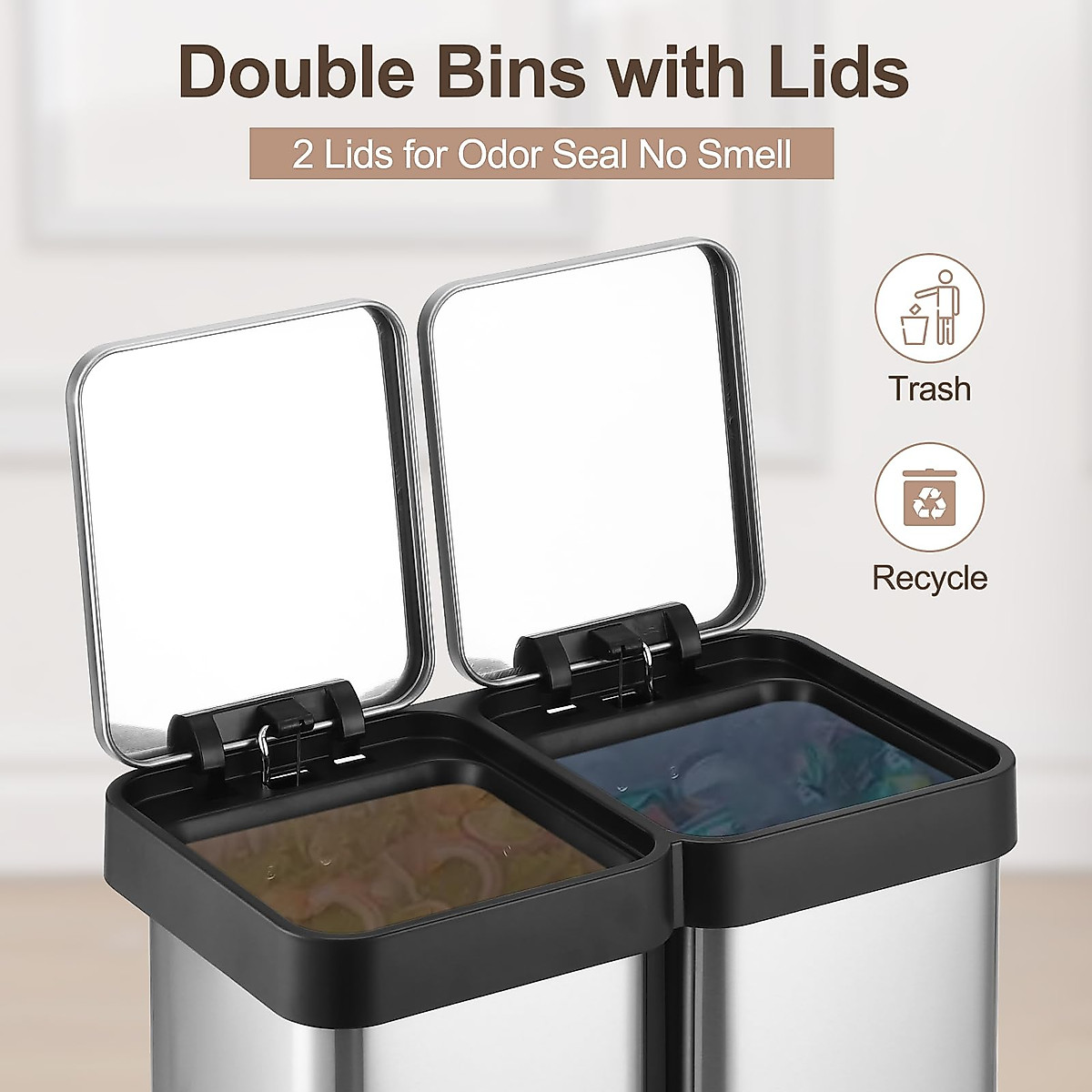 WELYFE 13 Gallon Dual Trash and Recycling Bin, Fingerprint Proof Stainless Steel Kitchen Garbage Can with Double Lid, Pedal Rubbish Bin for Kitchen Home Office, Without Inner Bucket