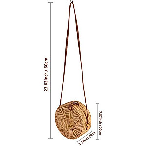 Forart Handwoven Round Rattan Bag Shoulder Leather Straps Natural Chic Circle Handbag Crossbody Bags(Ship from USA)