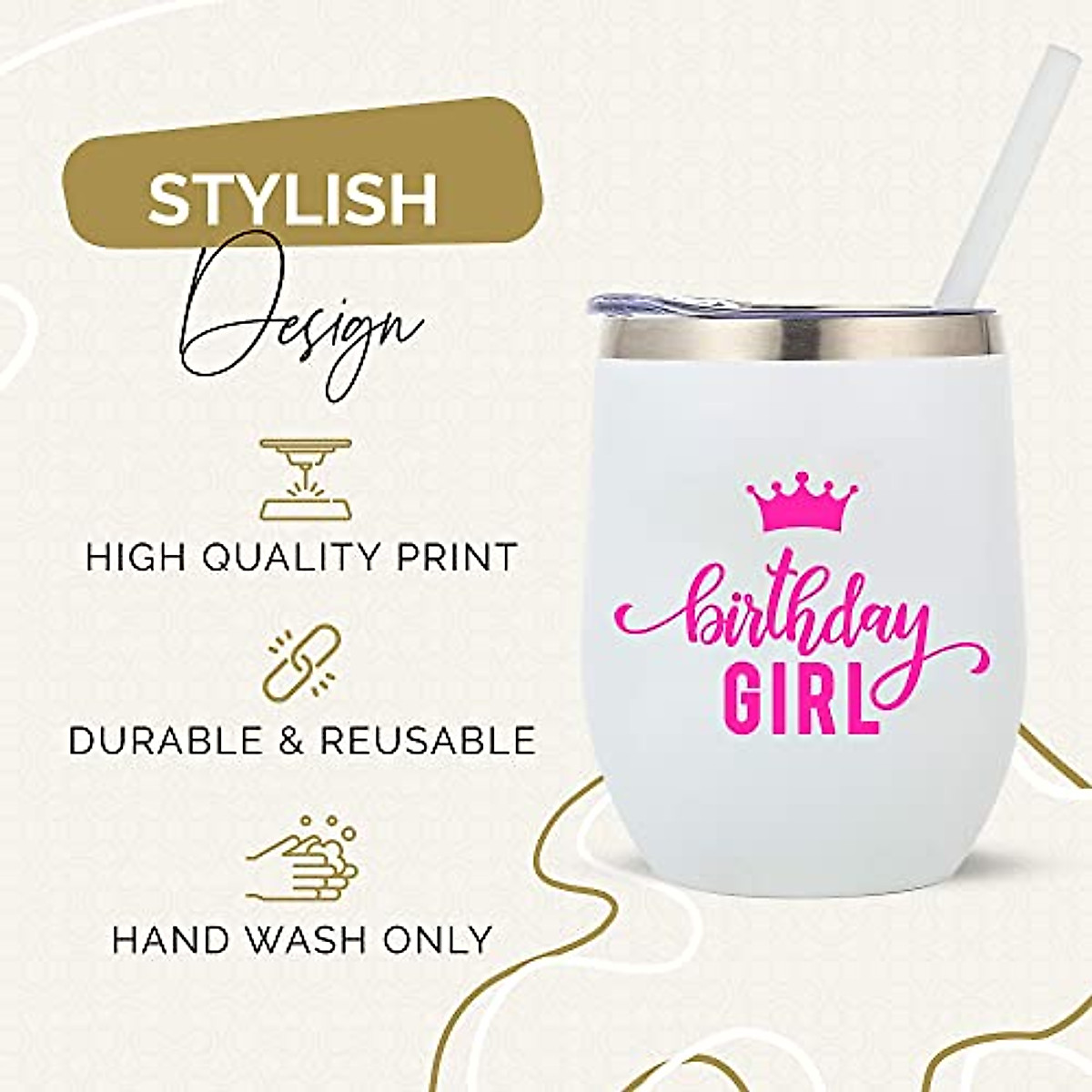 Your Dream Party Shop Powder Coated Stainless Steel 12oz Stemless Wine Glass with Straw and Lid with Print (Birthday Girl)