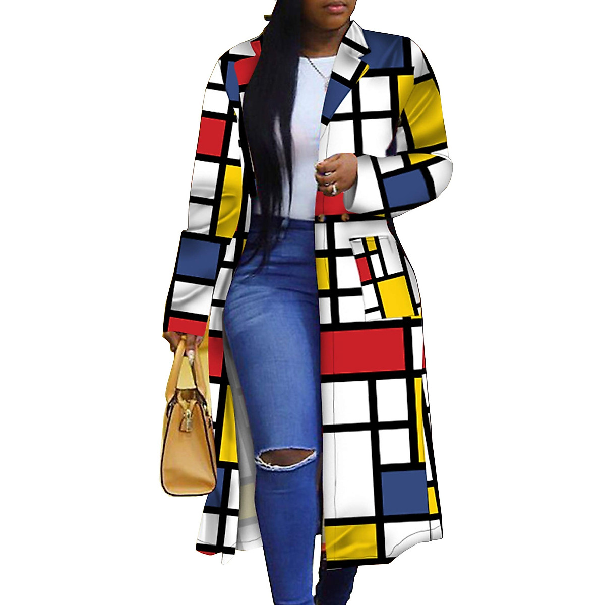 Women's Colored Geo Turn Down Collar Trench Coat Colorful Outerwear Cardigan Long Blazer Jacket(YE-5XL) Yellow