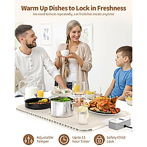 Food Warming Mat - Electric Warming Tray Full Surface Heating with Detachable Plug, Adjustable Temperature and 12 Hours Timer, Roll Up Food Warmers for Parties Buffet, Gathering, Holiday(Beige)