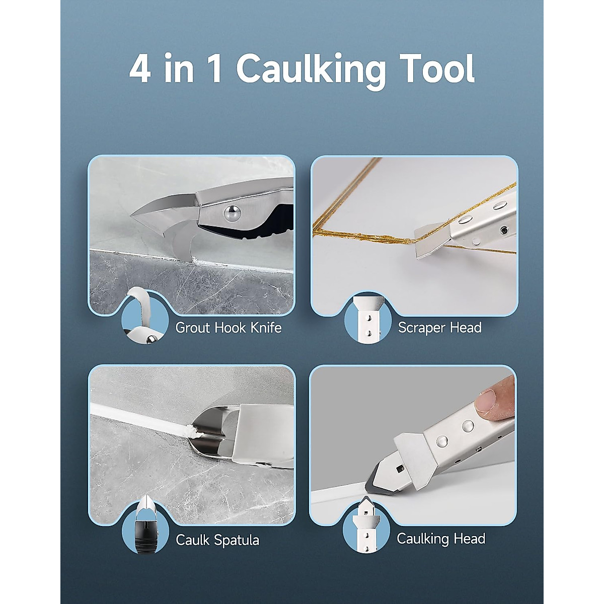 EVOHONOUR Caulking Tool Kit, Stainless Steel Caulk Remover Tool, 4 in 1 Caulk Tool for Bathroom, Kitchen, Floor, Window, Sink Joint, Frames Seal