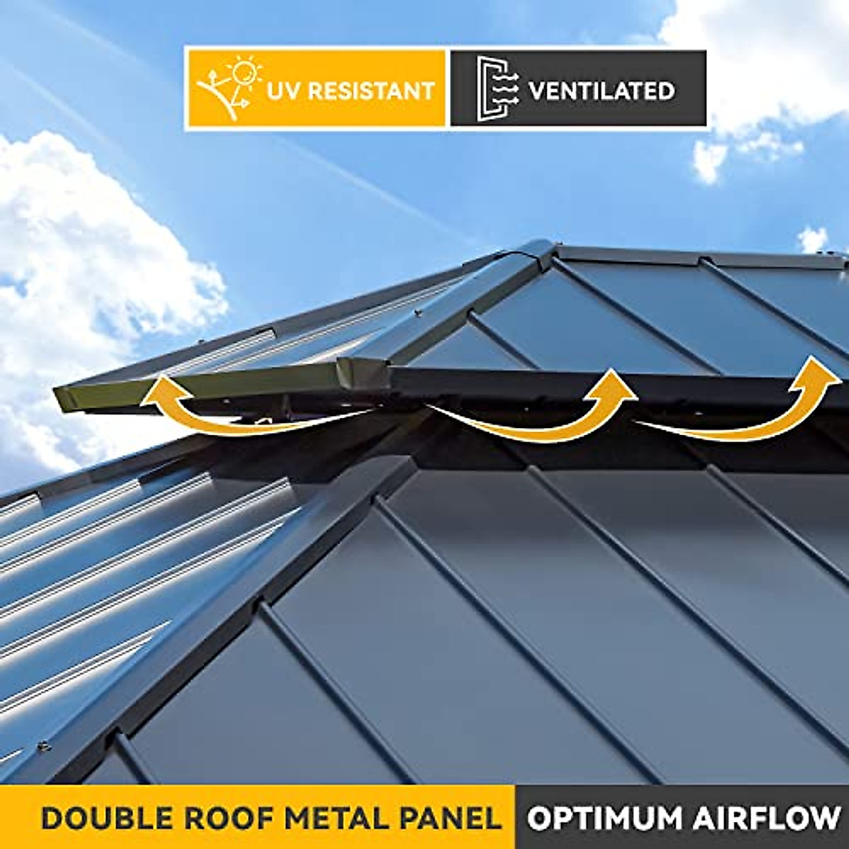 EROMMY 13'x15' Wood Gazebo, Outdoor Hardtop Gazebo Pavilion with Netting and Curtains, Spruce Wooden Frame Double Roof Metal Canopy for Patio Backyard Deck Garden