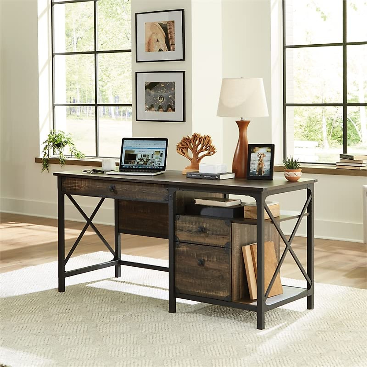 Sauder Steel River Industrial Computer Desk with Storage, Carbon Oak Finish