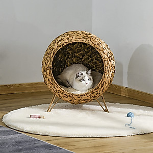 PawHut 20.7" Weaved Cat Bed, Elevated Hand-Woven Braided Banana Leaf Kitten House Condo with Cushion, Natural