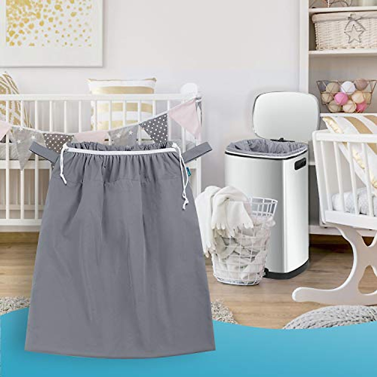 Teamoy 2 Pack Pail Liner for Cloth Diapers, Reusable Diaper Pail Bag with Elastic Band and Drawstring, Fits for 13.2 Gallon Trash Can and Diaper Pails, Gray Chevron+Slate