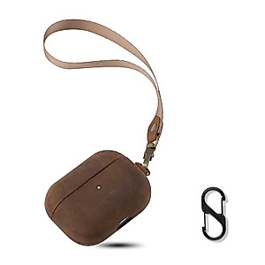 MAOGOAM for AirPods Pro Leather Case Cover with Hand Strap, Genuine Oil Wax Crazy Horse Cowhide Leather Case Cover for Airpods Pro, Handcrafted Fully-Wrapped, The Front LED Visible, Dark Brown