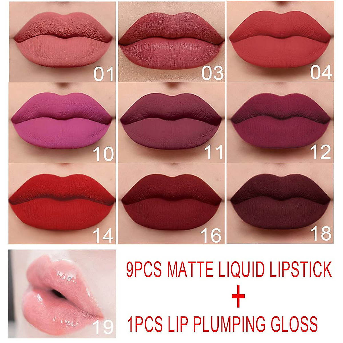 evpct DNM 9Pcs Deep Red Black Matte Liquid Lipsticks + 1Pcs Clear Lip Plumping Plumper Gloss Makeup Set Long Lasting Lipstick 24 hour Waterproof labiales matte mate larga duracion 24 horas originales