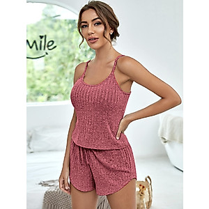 Verdusa Women's 2 Piece Pajama Sets Rib Knit Crop Cami Top and Shorts PJ Set Red S