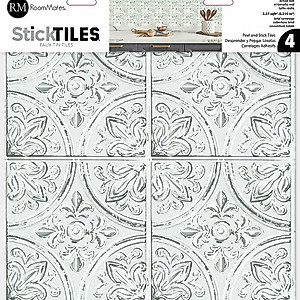 RoomMates TIL4623FLT StickTiles White Tin Peel and Stick Tile Backsplash, 10.5 inch x 10.5 inch, 4 Count (Pack of 1)