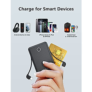 6000mah Ultra Slim Built in Cables Power Bank, Card Size Built in USB C Cords Battery Pack Portable Charger for phones, 3 Output External Battery Pack Compatible with iPhone, Samsung and Heated Vest