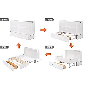 KLMM Modern Style Queen Size Mobile Murphy Cube Cabinet Bed with Drawer, Traditional Solid Wood Murphy Bed Chest with Side Little Shelves, Murphy Bed for Guest Room Home Office
