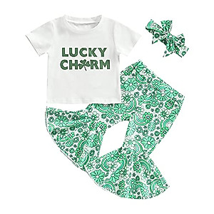 Krogubis Toddler Baby Girl St. Patric.k's Day Outfit 3Pcs Long Sleeve Ruffle T-Shirt Tops Blouse Pants Hairband Pants Set (Green, 6-9 Months)