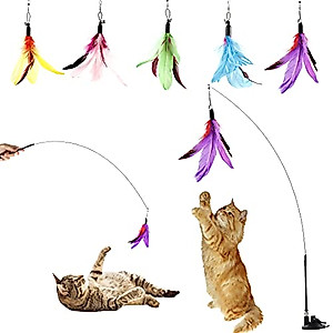 Cat Feather Toys Interactive Cats - Dorakitten Cat Powerful Suction Cup Handheld Teaser Wand Toy and 5PCS Replacement Feather with Bell for Kitty Kitten Scratching Exercise Indoor