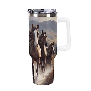 LLUTSNTH 40 Oz Vacuum Tumbler with White Handle Leakproof Insulated Tumbler Horses Stainless Steel Travel Mug with Lid And Straw Coffee Cup Cute Water Bottles Cup Holder Friendly