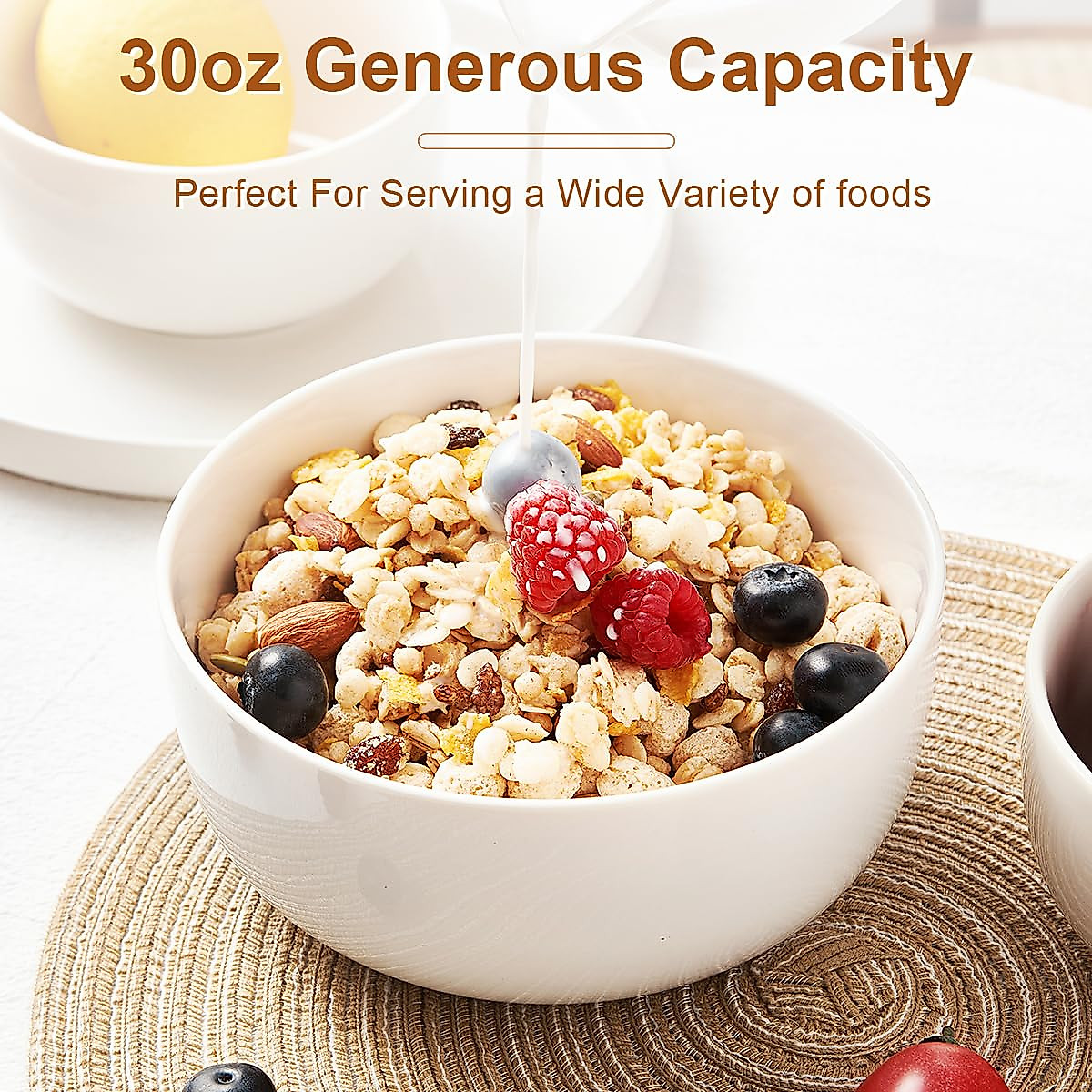 Jassceram Cereal Bowls Set of 6, 30 Oz Ceramic Bowls for Soup, Salad, Dessert, Oatmeal and Breakfast, Suitable for Kitchen or Dining - Dishwasher & Microwave Safe, 6 Inch, White