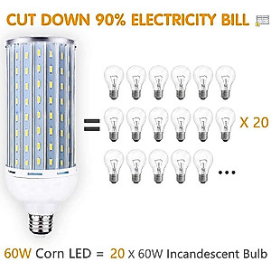 Intpro 60W LED Corn Light Bulb Lamp, 6000LM E26/E27 6000K 85V~265V super bright light for Indoor Large Area, garage barn Workshop Warehouse Factory Porch Backyard High Bay Street Outdoor