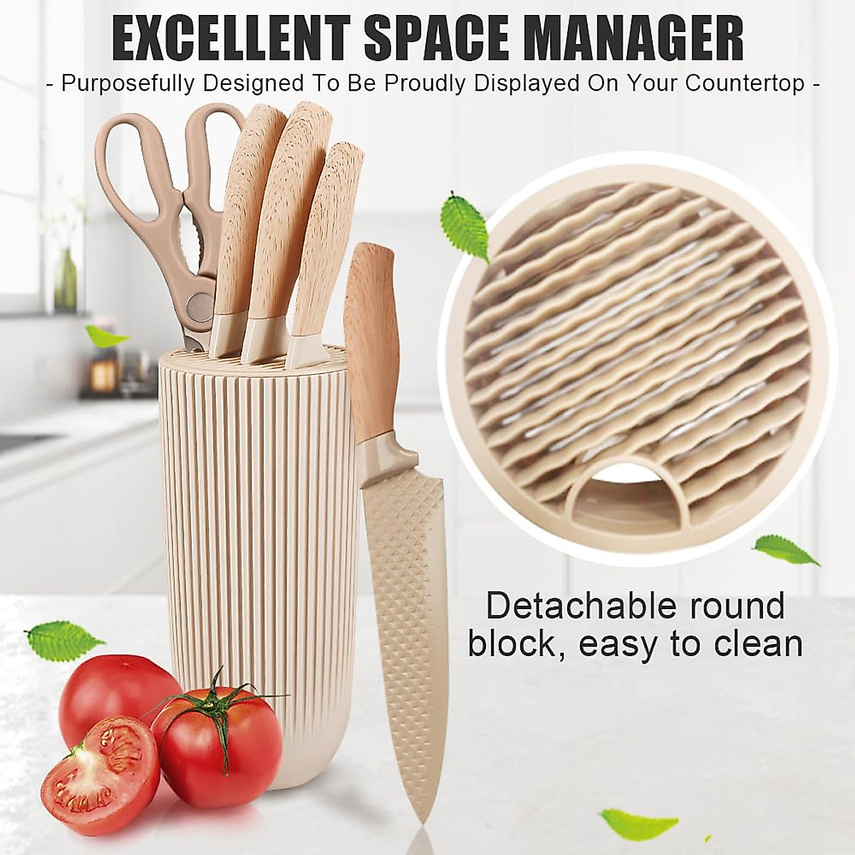 Gulymm Kitchen Knife Set, 6 Pcs Sharp Knife Set for Kitchen, Anti-Rust Stainless Sharp Knife Set with Universal Knife Block, Knife Set Contains Round Knife Storage, Knives, Scissors for Kitchen (Khaki