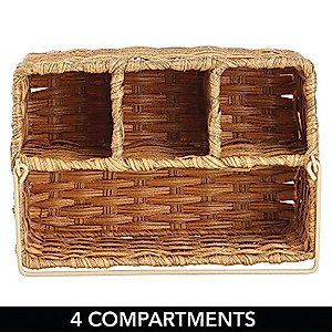 mDesign Plastic Woven Divided Cutlery Storage Organizer Caddy Tote; Basket Holder for Kitchen Table, Cabinet, Pantry - Holds Silverware, Forks, Knives, Spoons, Napkins and other Utensils - Camel Brown