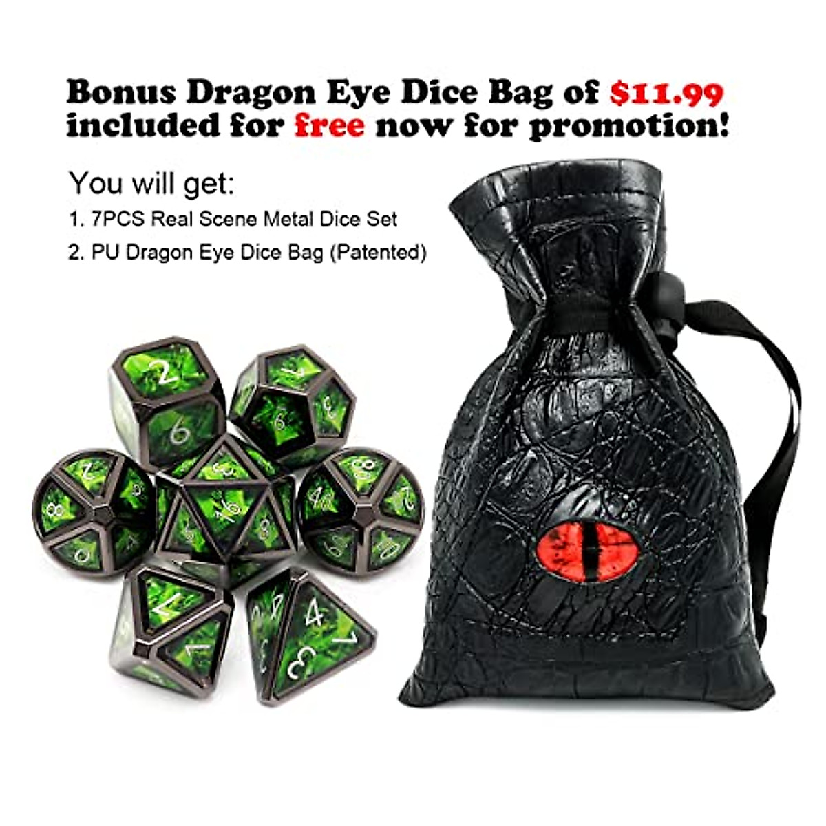 Haxtec Metal Dice Set D&D Acid Splash Real Scene Black Green Polyhedral DND Dice W/PU Leather Dragon Eye Dice Bag for TTRPG Dungeons and Dragons Gifts