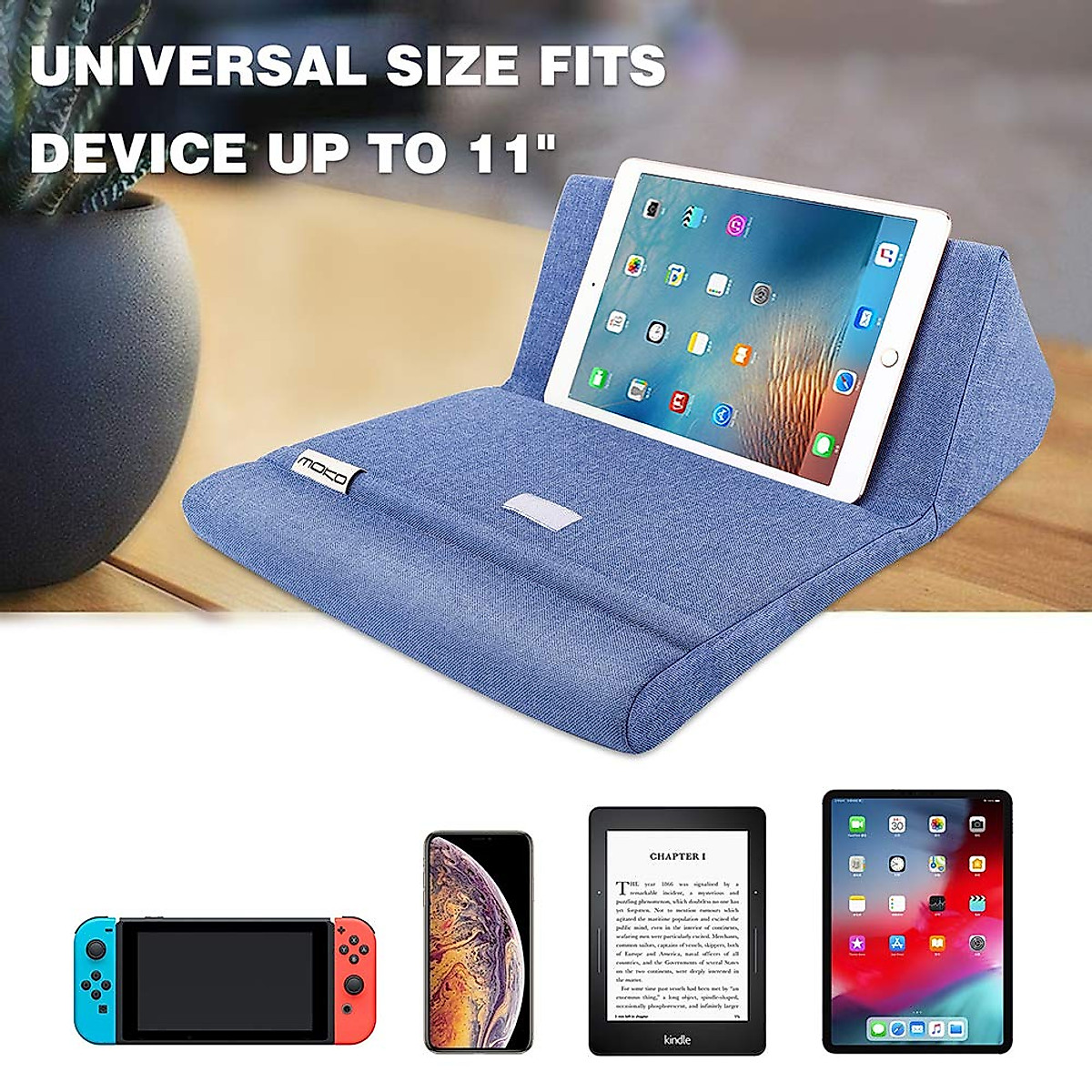 MoKo Tablet Pillow Stand, Soft Bed Pillow Holder, Fits up to 11" Pad, Fit with iPad 10th,iPad Pro 11 2022, New iPad Air 4 10.9/Air 3, iPad Pro 11/10.5/9.7, Mini 5 4, Galaxy Tab S6/ S7 11", Denim Blue