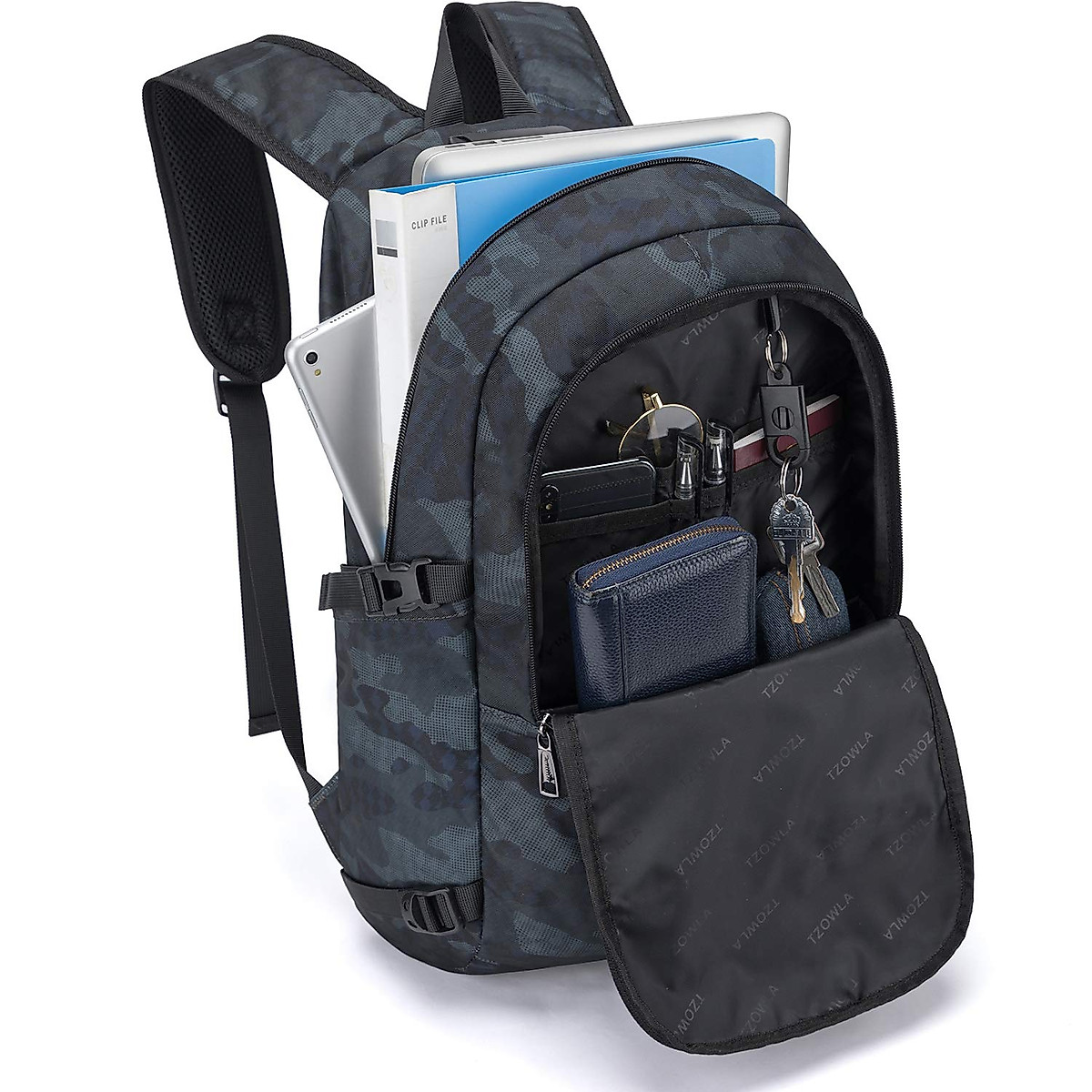 Tzowla Anti-Theft Business Laptop Backpack, Water Resistant, 15.6 Inch, Navy Blue Camo, Unisex