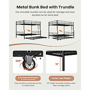 Miscoos Full XL Over Queen Bunk Bed with Trundle, Heavy-Duty Bunk Bed Frame with Ladder and High Guardrail, Convertible into 3 Beds for Kids Teens Girls Boys, Black