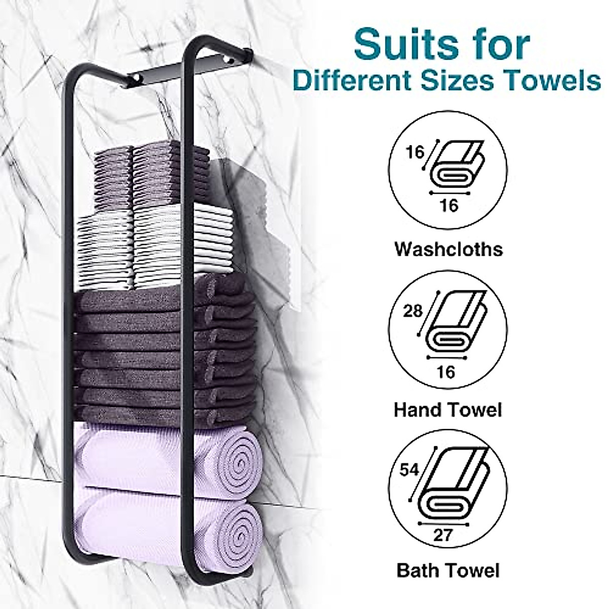 OFFSIR Towel Rack Wall Mounted, Bathroom Towel Storage, Stainless Steel Towel Racks for Bathroom, Bath Towel Holder Organizer for Folded Large Towel Washcloths, Easy to Install, Black