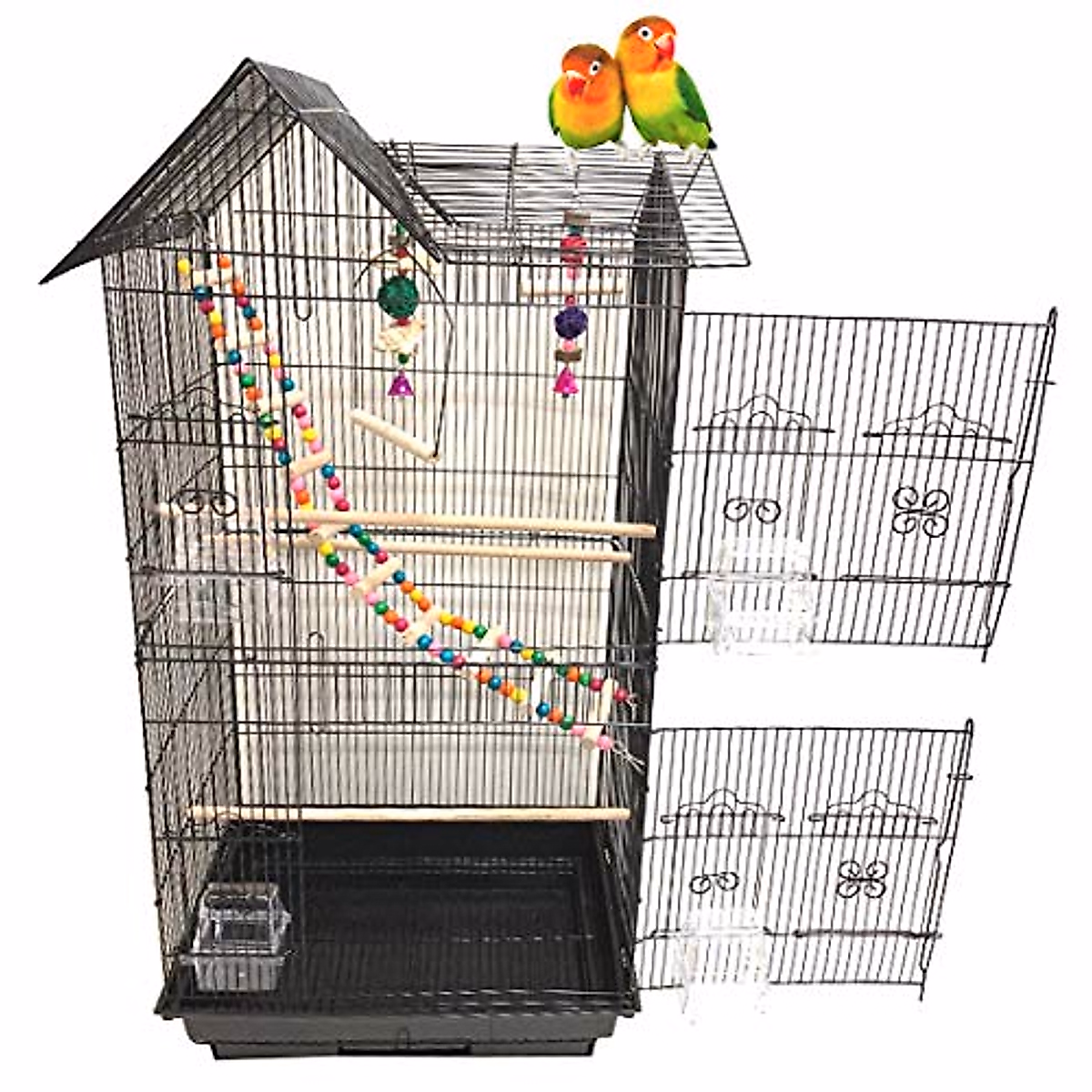 38-Inch Double Roof Top Large Flight Bird Cage with Toys for Cockatiels Sun Parakeets Green Cheek Conures Aviary Budgie Finch Lovebird Canary Pet Bird Travel Cage (18 x 14 x 38H inches, Black)