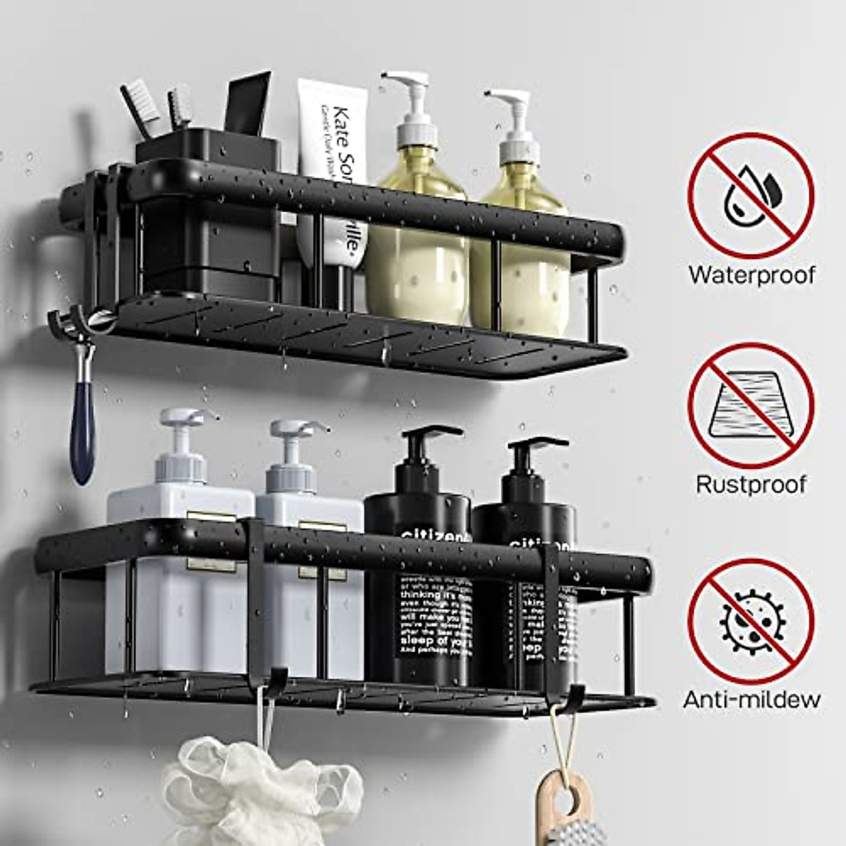 Midphorn 2-Pack Adhesive Shower Caddy, No Drilling Shower Shelf with Hooks Rustproof Wall Mounted Shower Organizer for Inside Shower Bathroom Storage Shampoo Holder, Matte Black