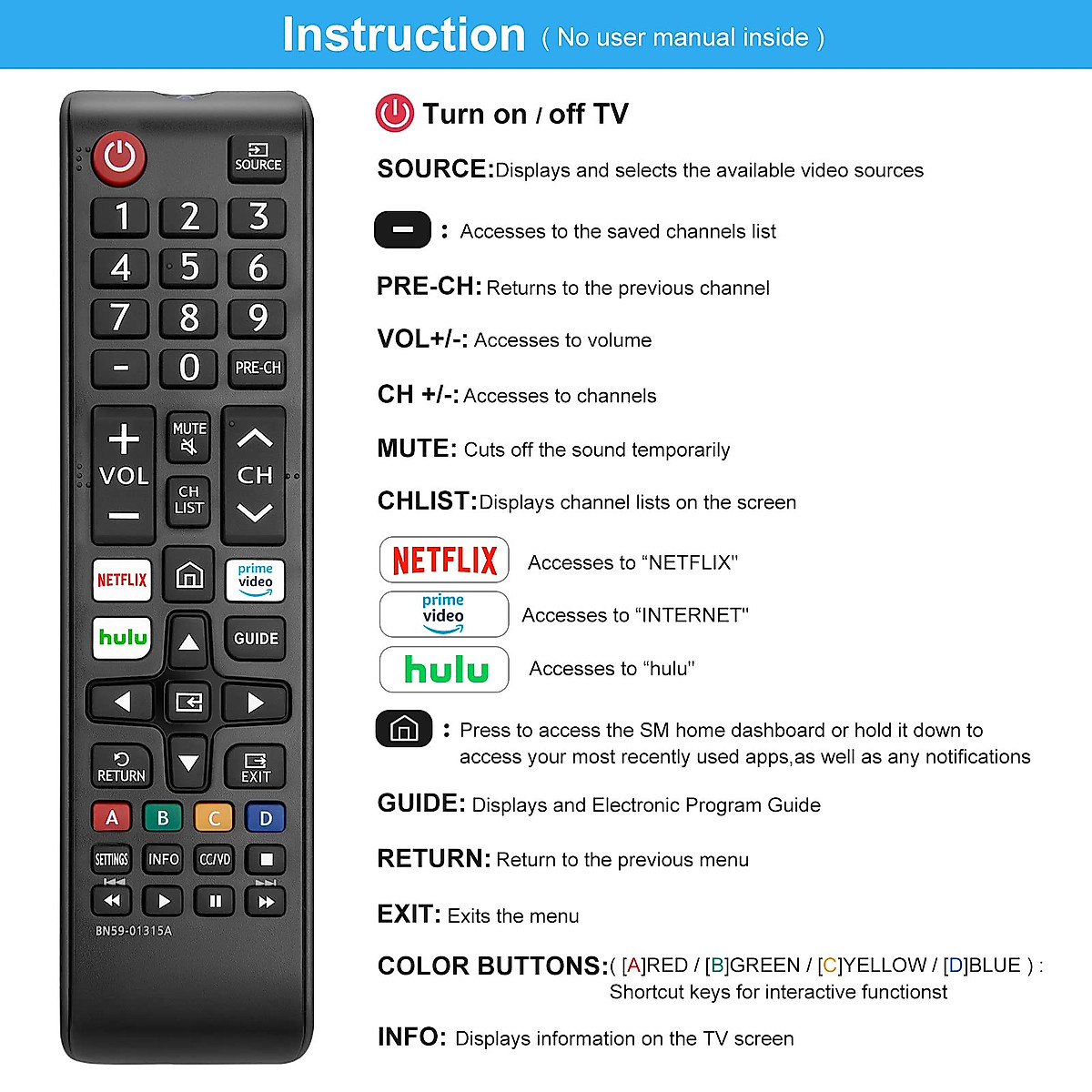 (Pack of 2) Replacement Remote Control for Samsung-TV-Remote for All Samsung LCD LED HDTV 3D Smart TVs Models